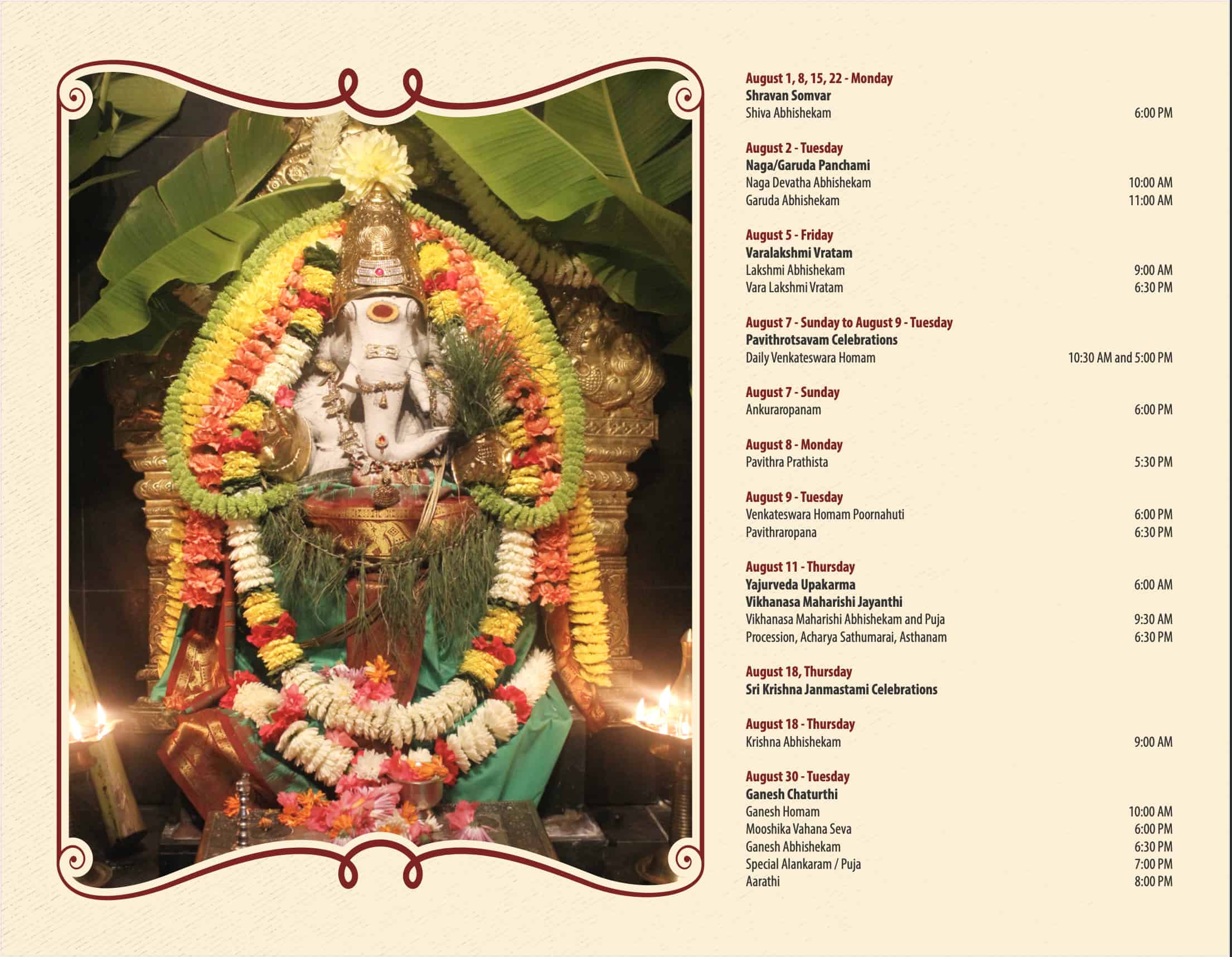 Temple Calendar - India Cultural Center and Temple